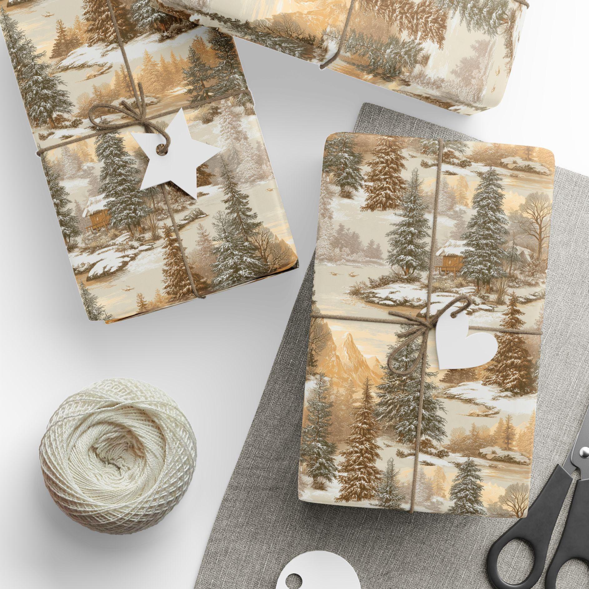 Vintage Winter Woodland Wrapping Paper: Cabin in Snowy Forest Gift Wrap ...