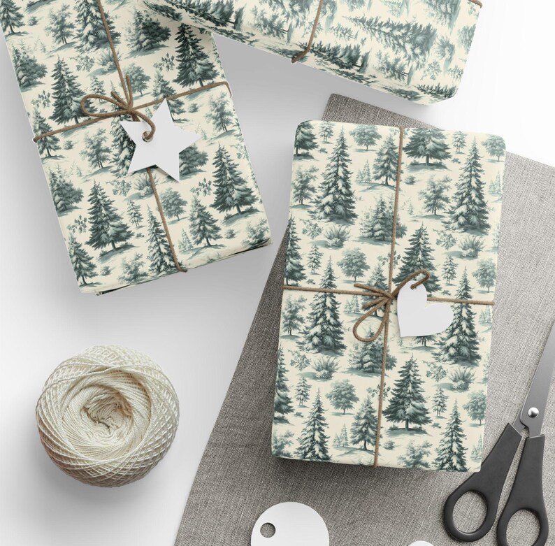 Vintage Toile Christmas Tree Wrapping Paper - Sage Green Toile De Jouy ...
