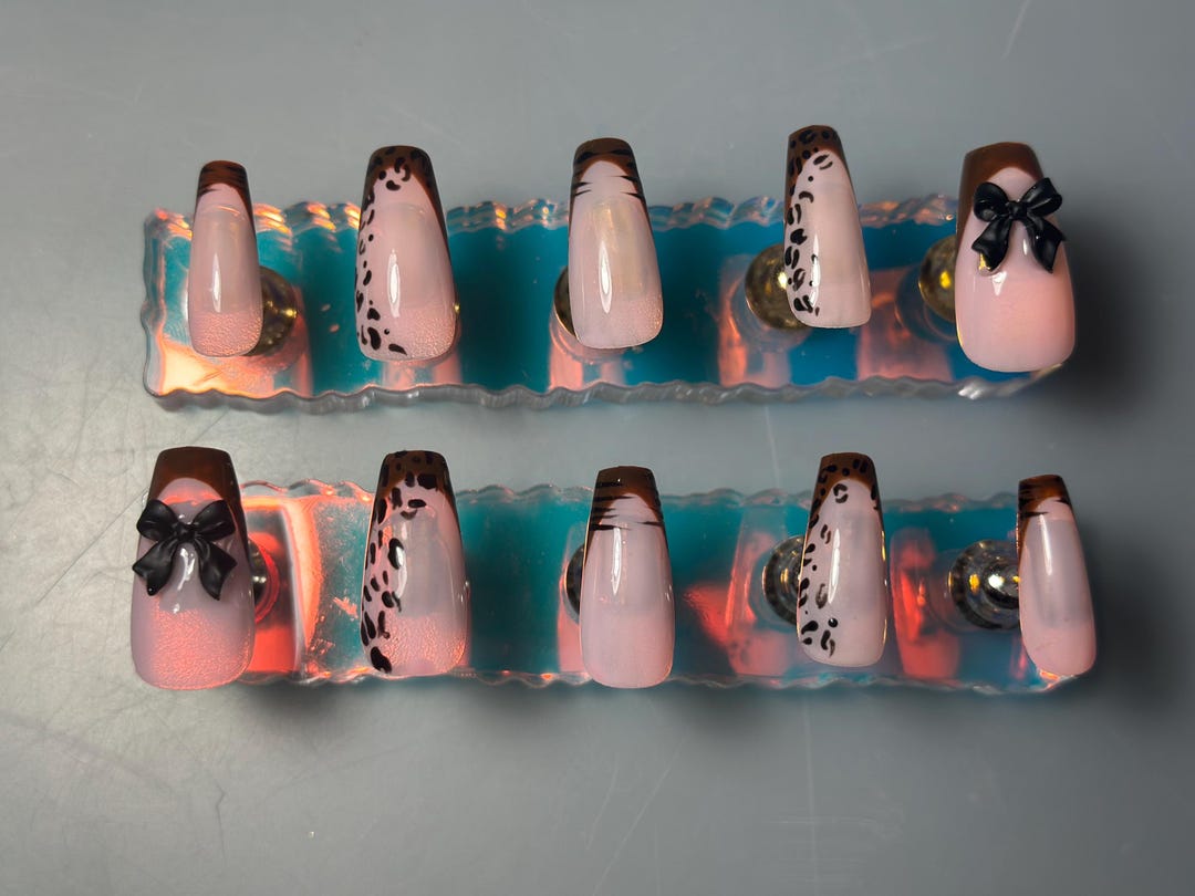 Handmade Press-on Nail Set | French Tip Nails With Leopard Design ...