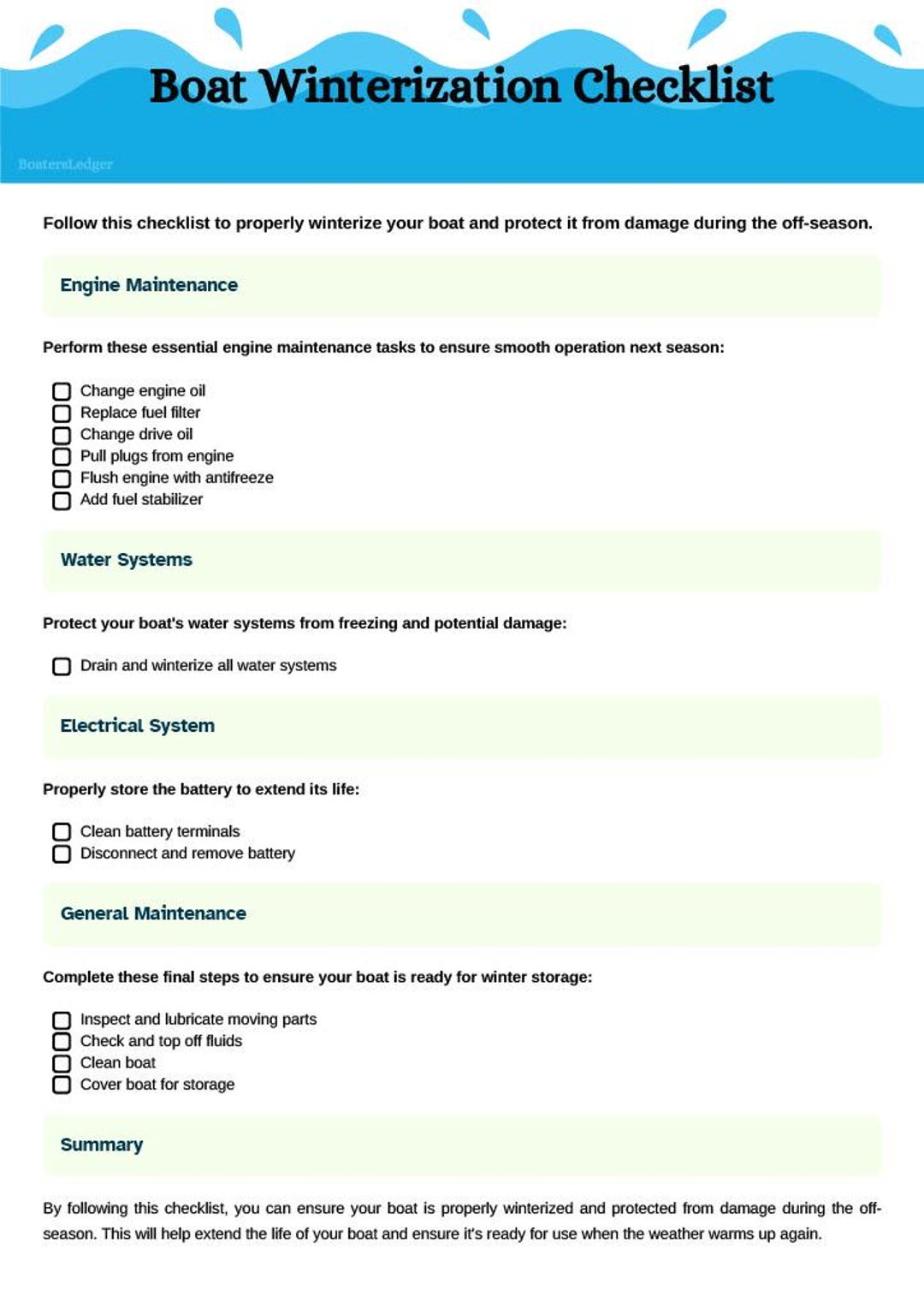 Simple Boat Winterization Guide Printout - Etsy
