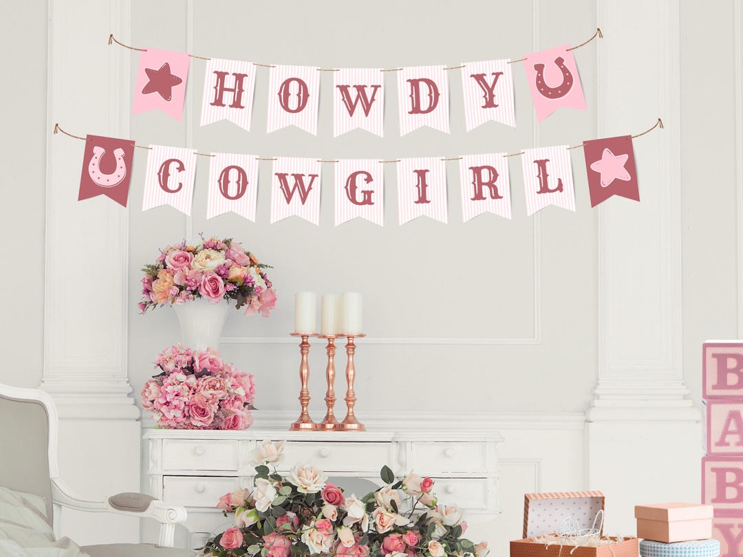 Howdy Cowgirl Banner A Little Cowgirl is on the Way Decor Pink Boots ...