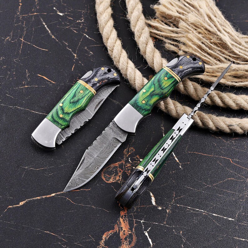 Handmade Damascus Folding Knife With Leather Sheath – Pakka Wood Handle ...