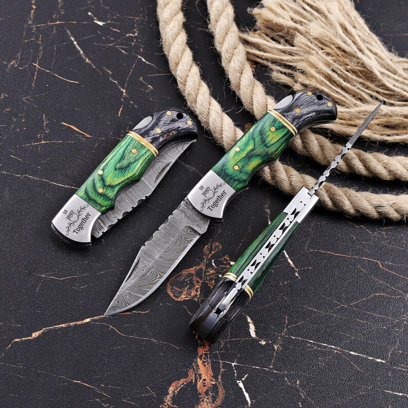 Handmade Damascus Folding Knife With Leather Sheath – Pakka Wood Handle ...