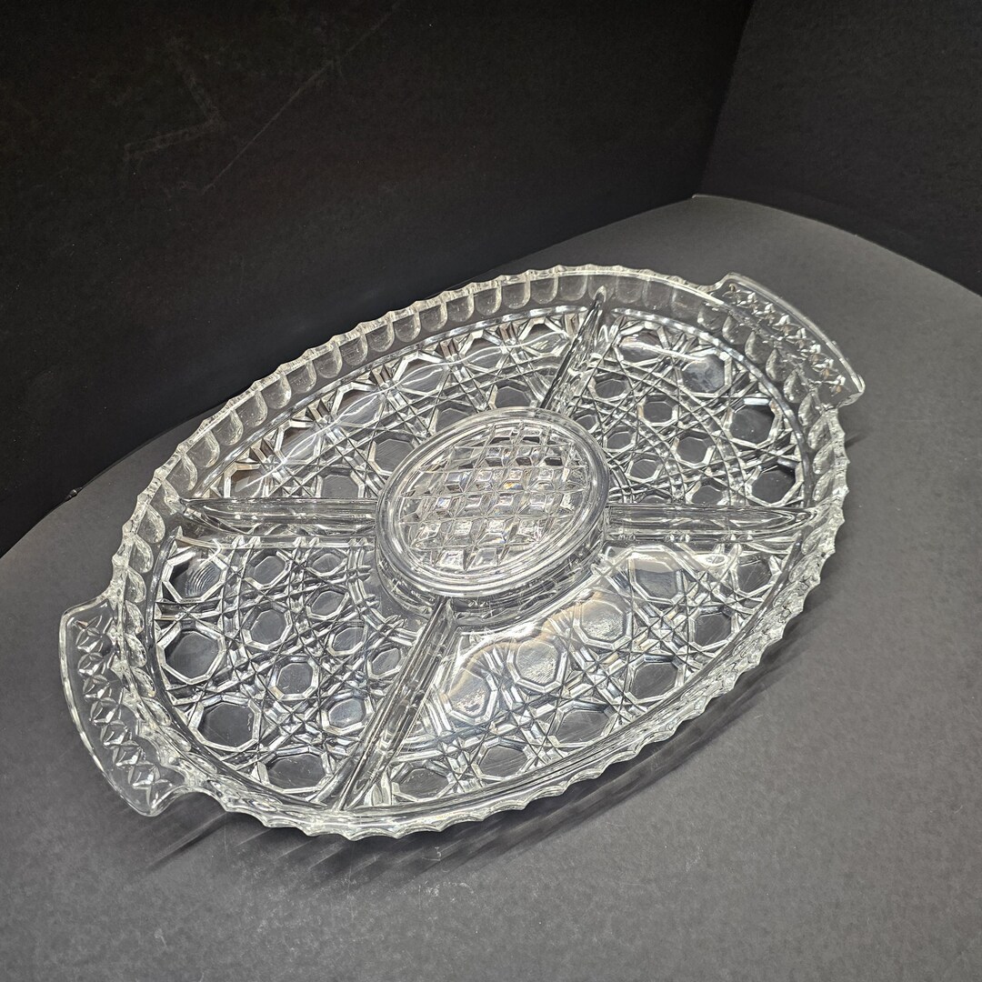 Heavy Lead Crystal Oval Relish Tray With Handles - Crosshatch Geometric ...