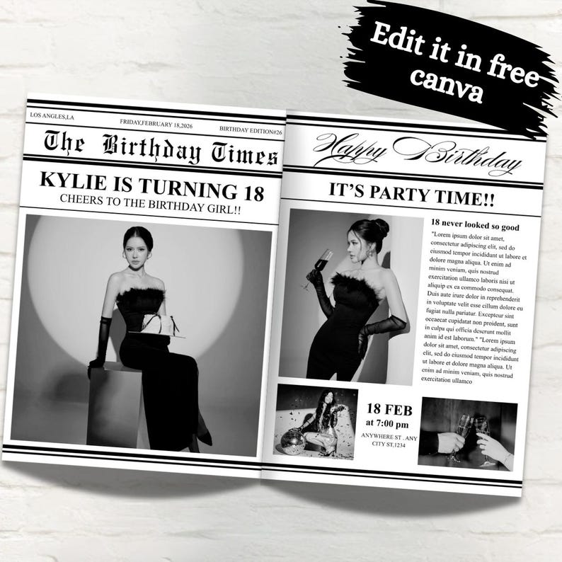18th Birthday Newspaper Template, Editorial Style Invite, Retro Photo ...