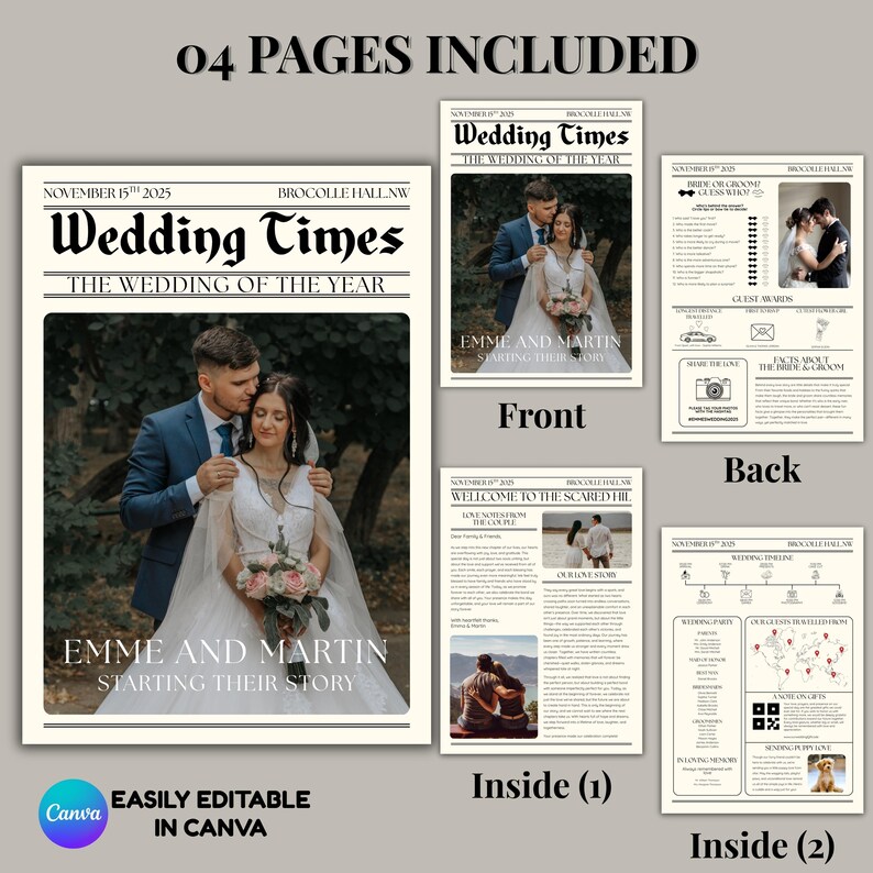 Editable Canva Wedding Newspaper Template, 4 Page Wedding Newsletter ...