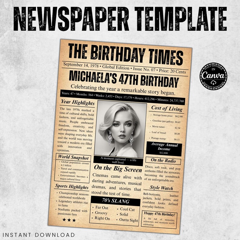 Editable Canva Birthday Newspaper Poster, Custom 70s Vintage Milestone ...