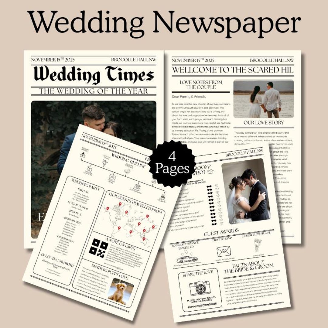 Editable Canva Wedding Newspaper Template, 4 Page Wedding Newsletter ...