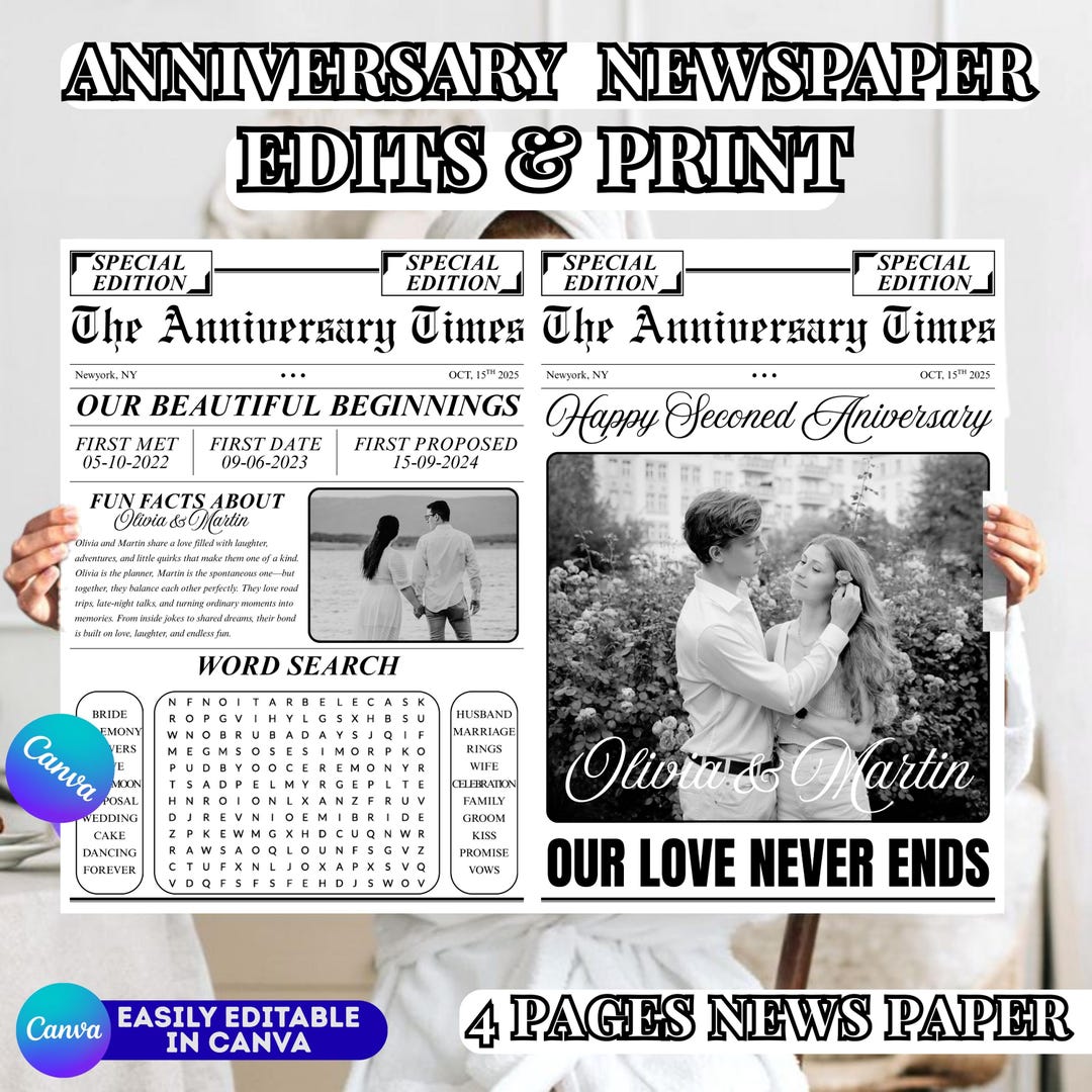Editable Anniversary Newspaper Template – 1 Year Couple Gift, Wedding ...