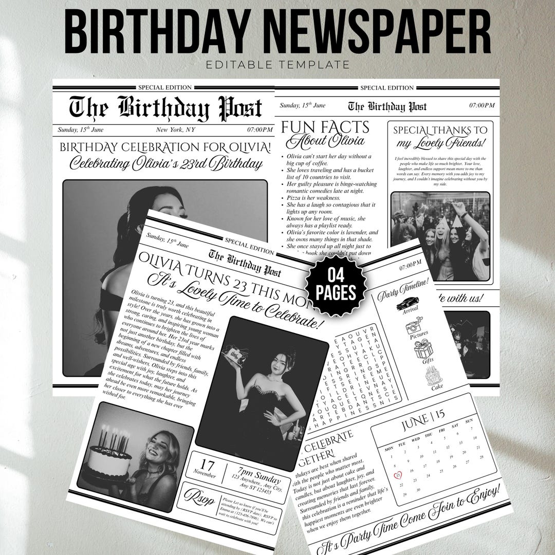 Editable Birthday Newspaper Template Canva - Printable Party ...