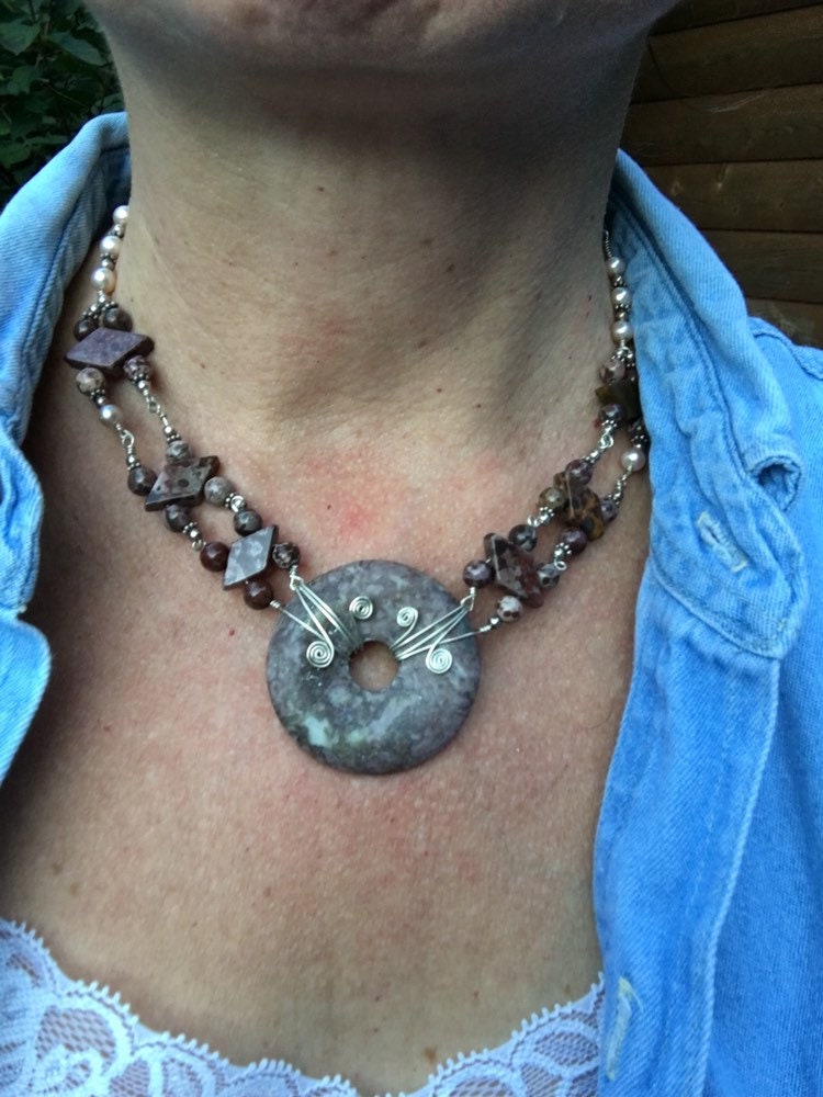 Sterling Silver Wire Wrapped Mauve Agate Necklace with Pearls | Etsy