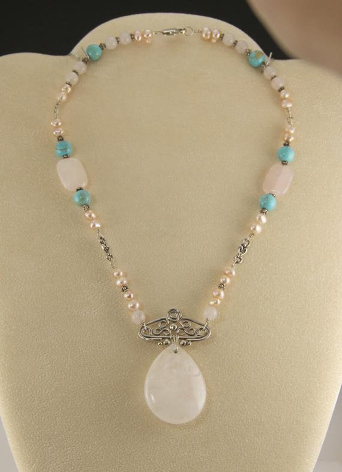 Sterling Silver Wire Bead Necklace with Rose Quartz Turquoise | Etsy