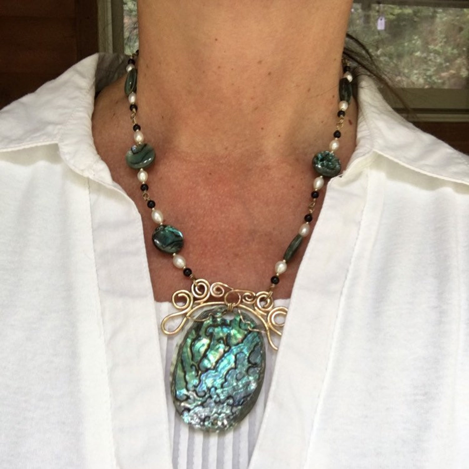 Paua Shell Wire Wrapped Necklace With Abalone Yellow Gold - Etsy