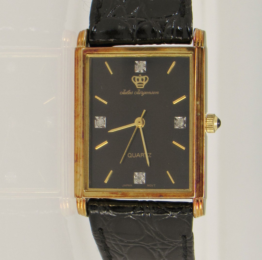 Vintage Jules Jurgensen Wrist Watch With Diamonds, Black Face and Band ...