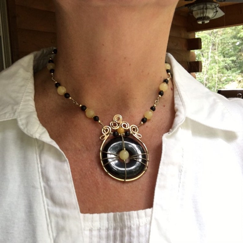 Black Onyx Donut Wire Wrapped With Yellow Gold Filled Wire | Etsy