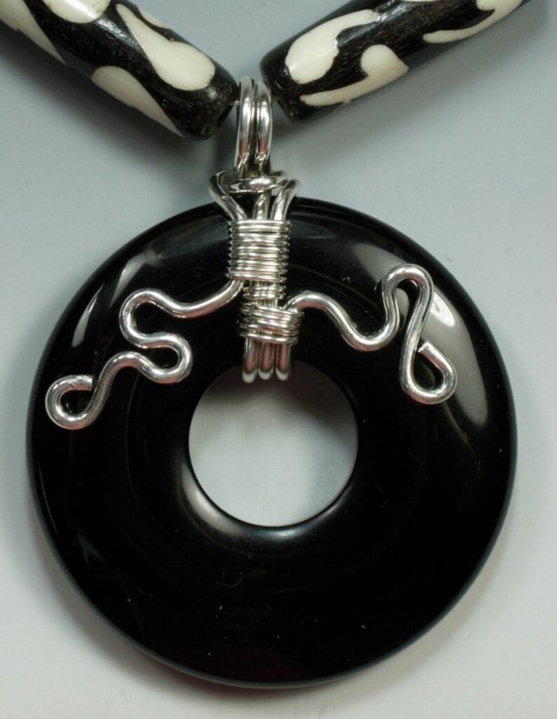 Sterling Silver Wire Wrapped Large Black Onyx Donut With Bone | Etsy