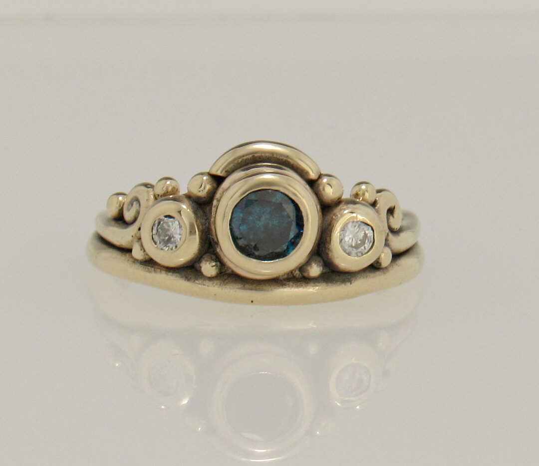 14ky Gold 1/2 Ct. Blue Diamond Ring With 2) White Diamonds, Handmade ...