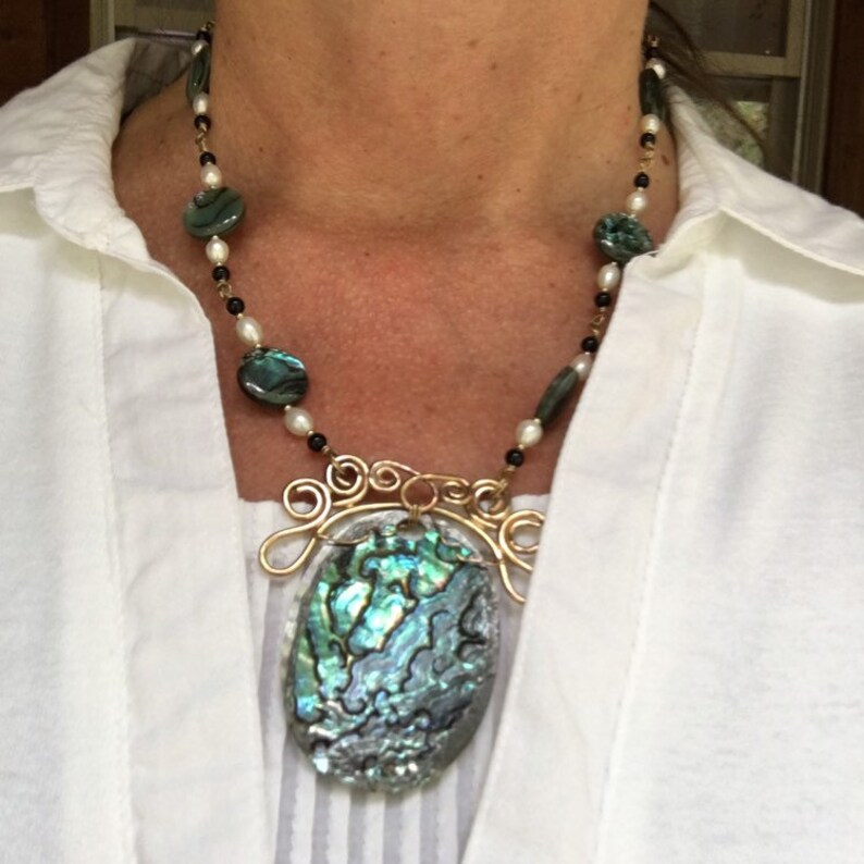Paua Shell Wire Wrapped Necklace With Abalone Yellow Gold - Etsy