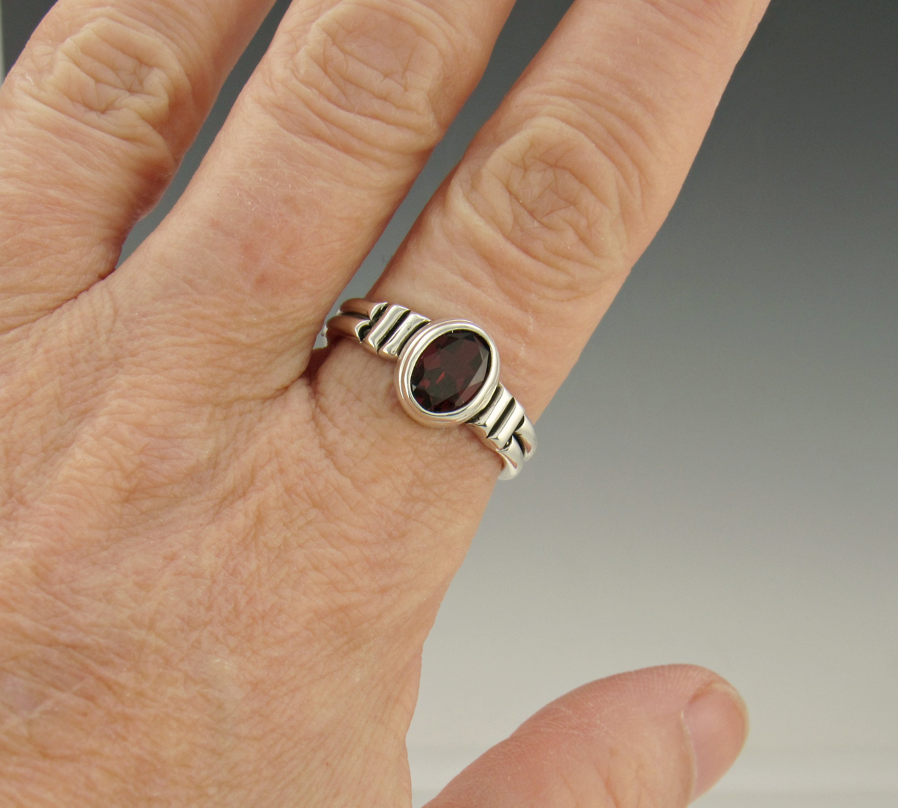 Sterling Silver 9x7 Mm Garnet Ring- Handmade One of a Kind Artisan Ring ...