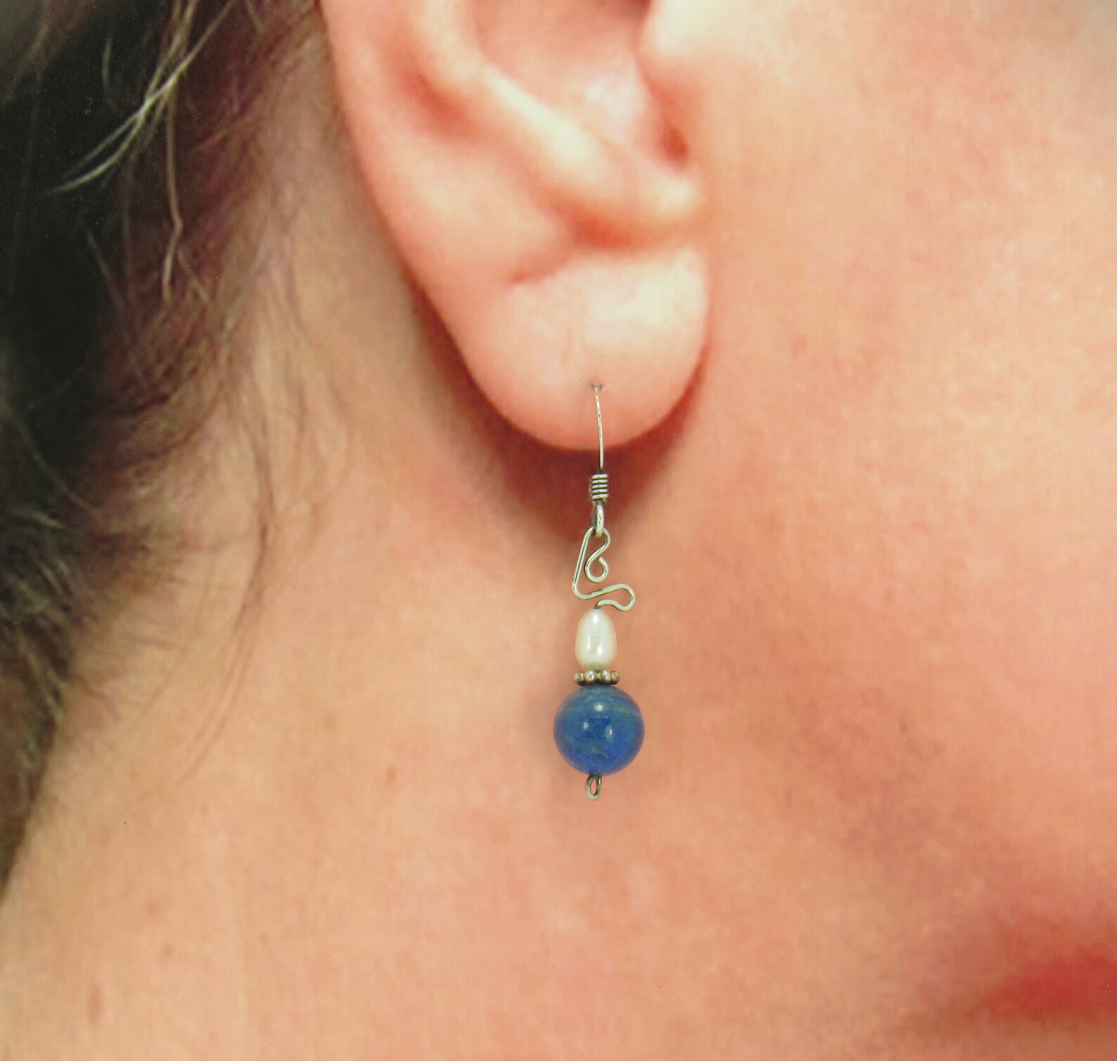 Lapis Bead and Pearl Sterling Silver Earrings, Handmade One of a Kind ...
