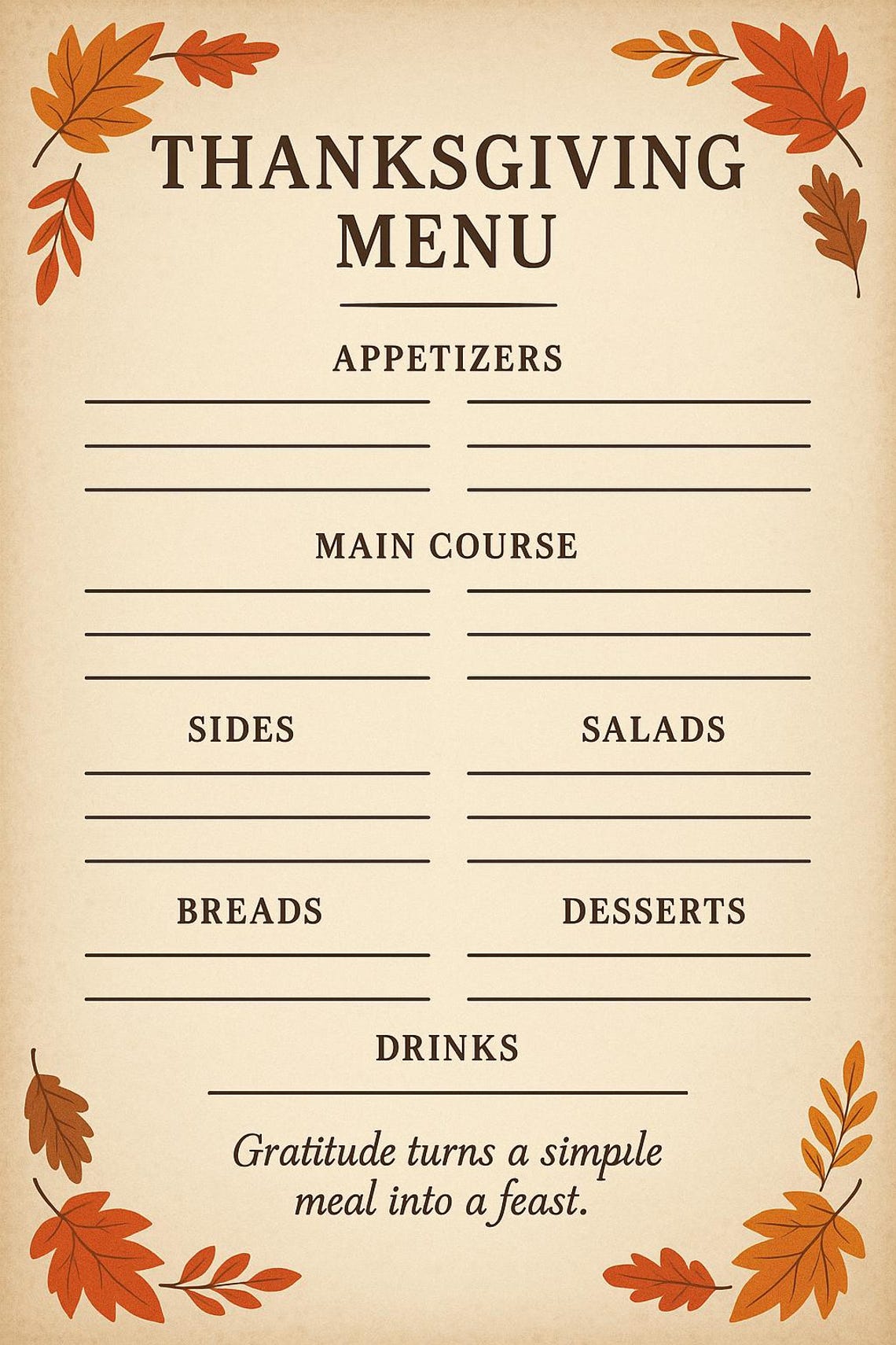 Thanksgiving Menu Template | Printable Fall Dinner Planner (digital ...