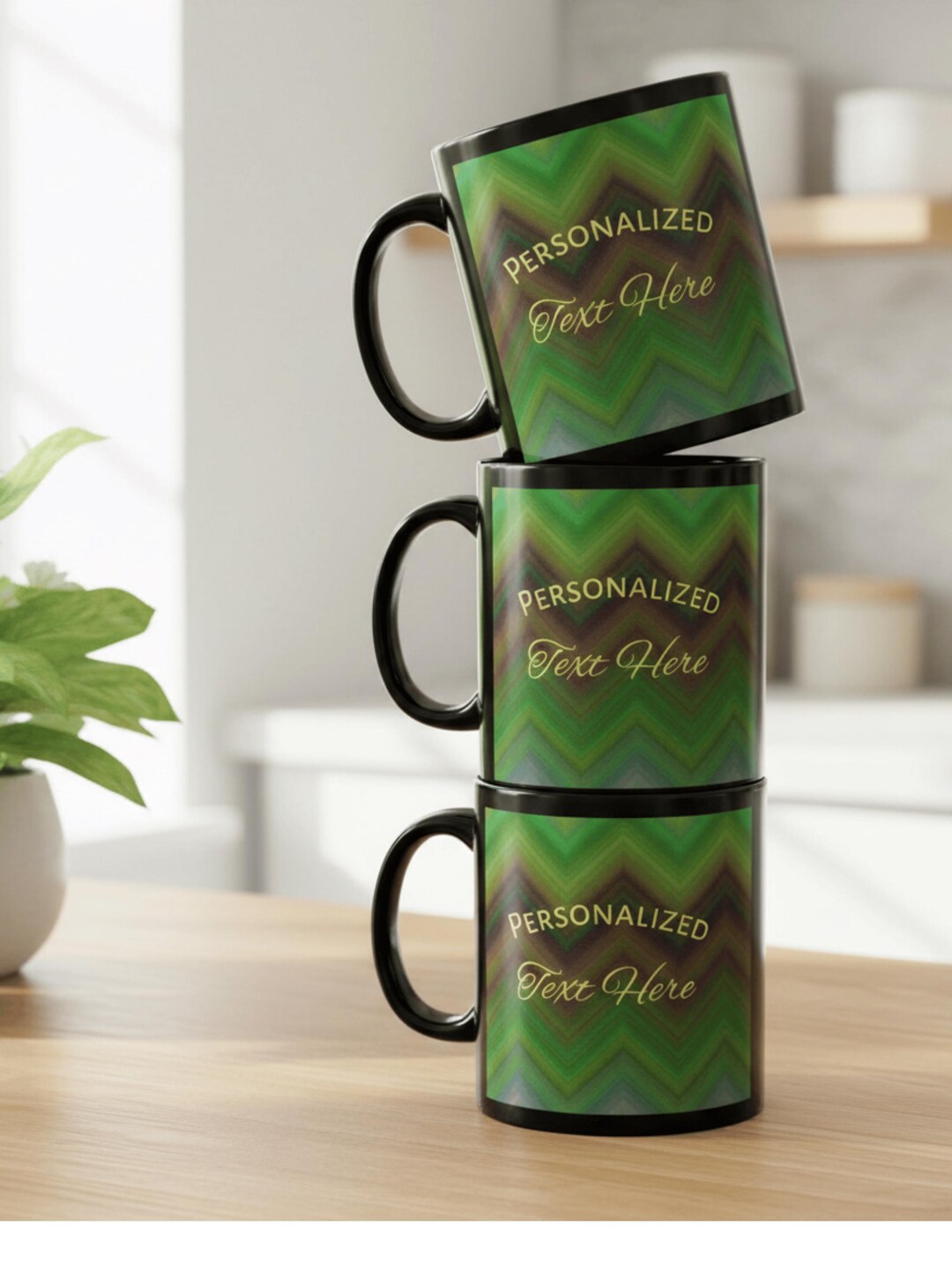 Personalized Green Chevron Mug Dark Ceramic Tea Cup Gift Green & Gold ...
