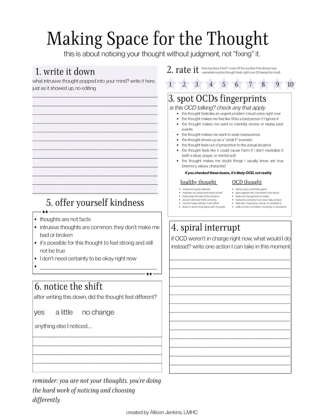 OCD Worksheet for Intrusive Thoughts | Therapist-made Printable Mental ...