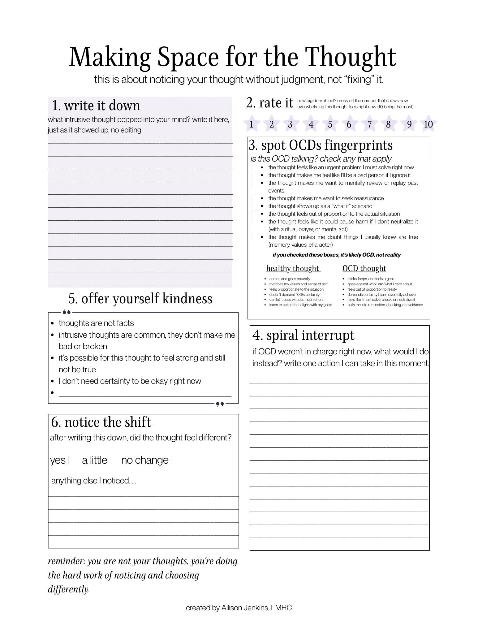 OCD Worksheet for Intrusive Thoughts | Therapist-made Printable Mental ...