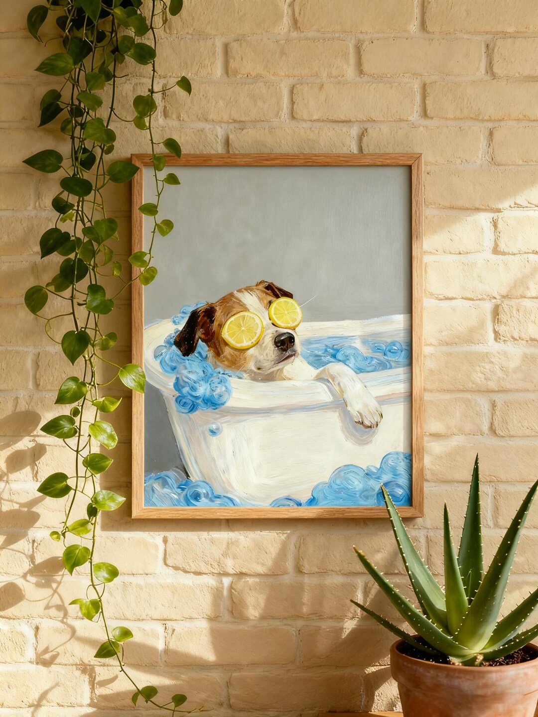 Lemon Bath Time Dog Wall Art, Funny Relaxing Pet Print, Cute Dog ...
