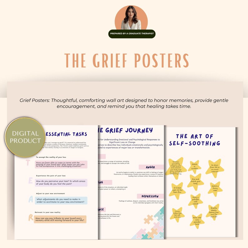 Grief Posters Bundle, Stages of Grief Prints, Growing Around Grief ...