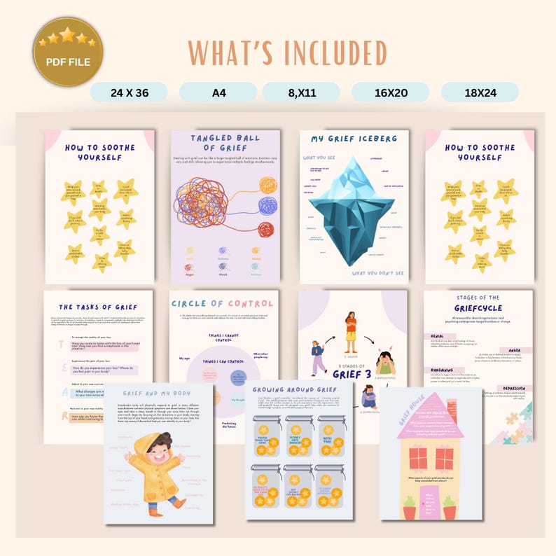 Grief Posters Bundle, Stages of Grief Prints, Growing Around Grief ...