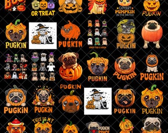 Retro Halloween Pug Dogs PNG Bundle, Cute Pugs in Witch Png, Pumpkin ...