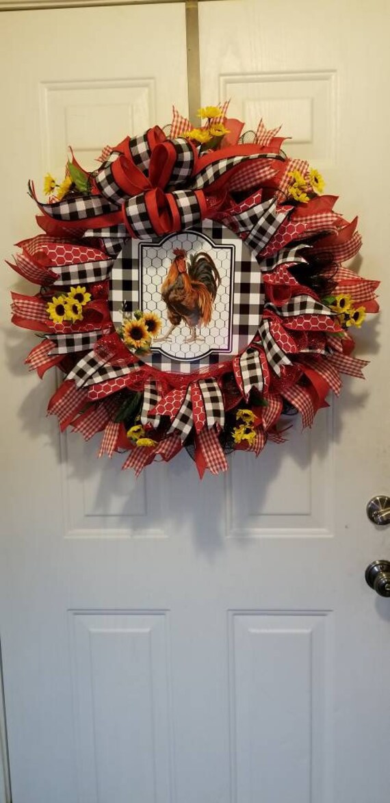 Black Buffalo check deco mesh chicken wreath for front door | Etsy