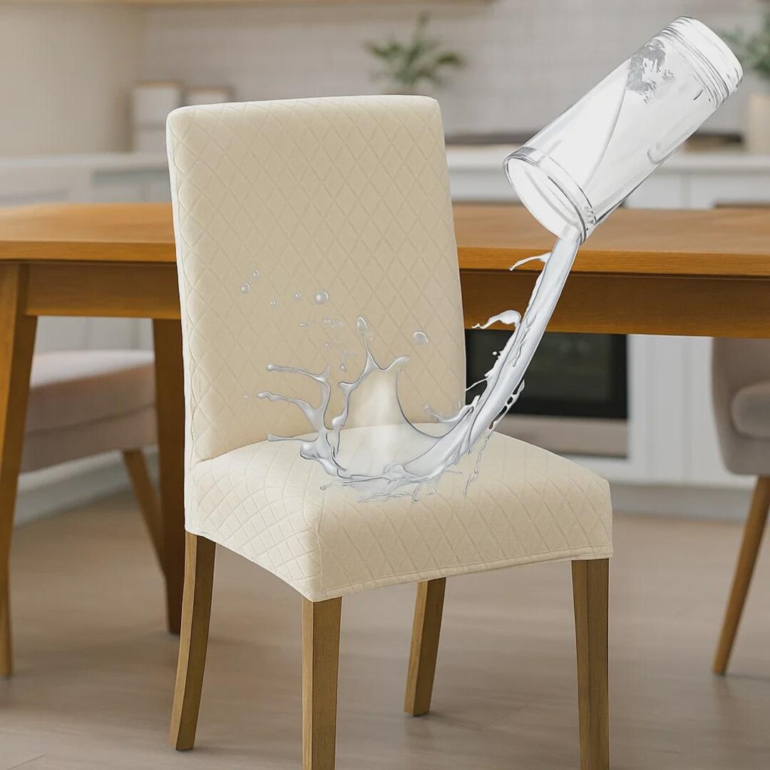 Waterproof Beige Jacquard Chair Cover | Stretch Dining Slipcover - Etsy