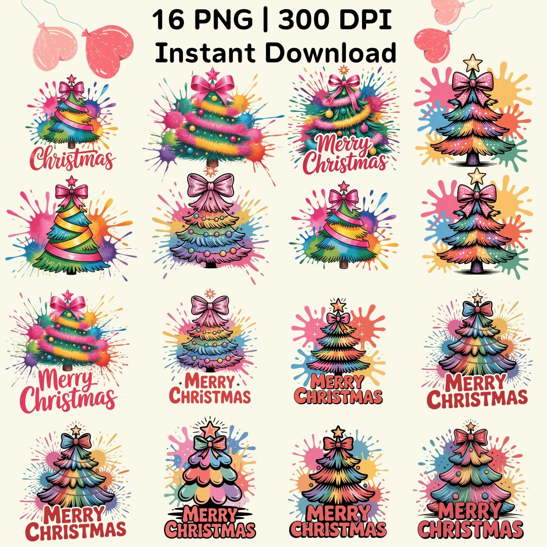 Colorful Christmas Tree Clipart Bundle, Rainbow Merry Christmas PNG ...