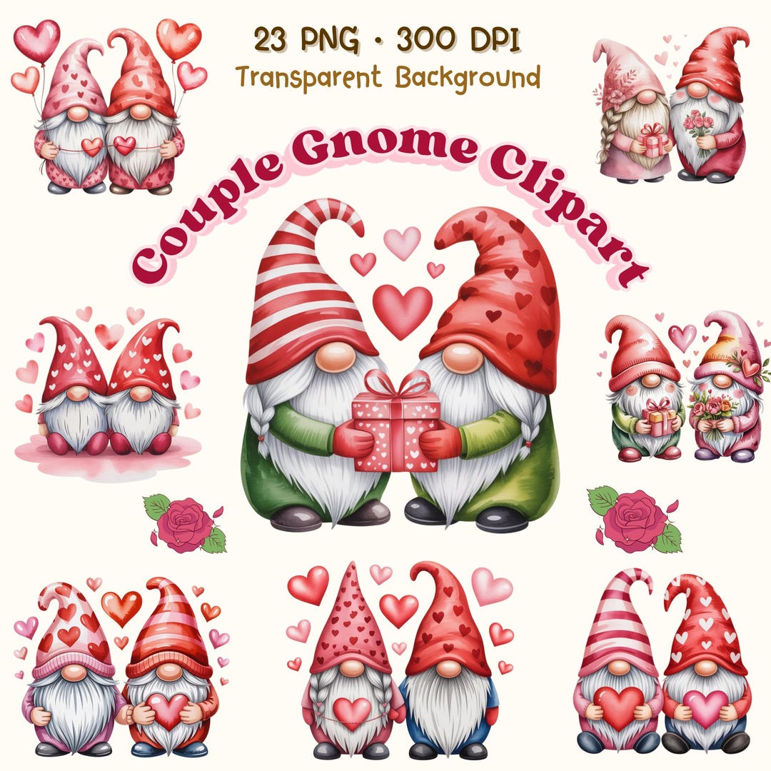 Valentine Couple Gnome Clipart PNG Set • Love Gnomes Holding Hearts ...