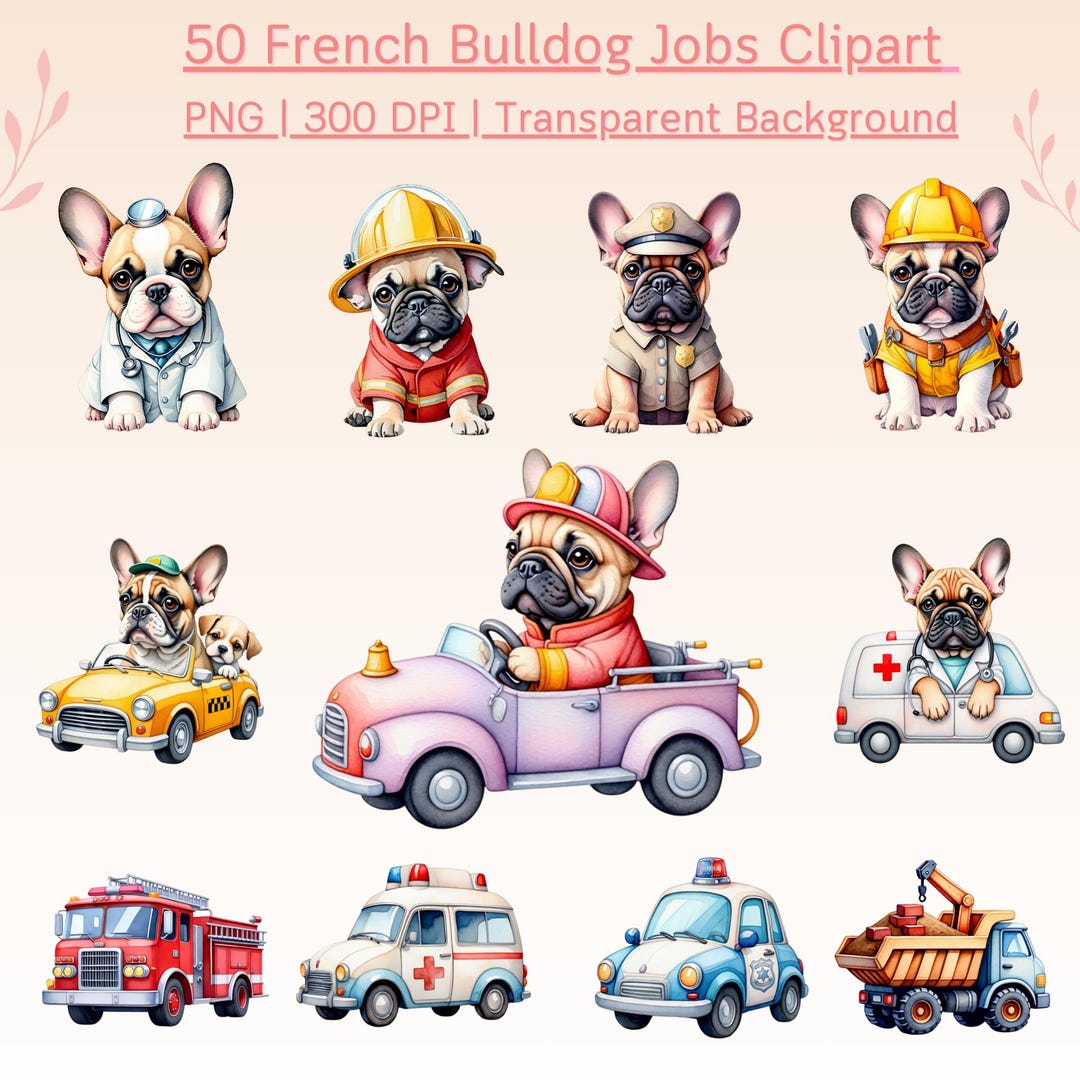 French Bulldog Jobs Clipart, Watercolor Dog Professions Bundle (digital ...