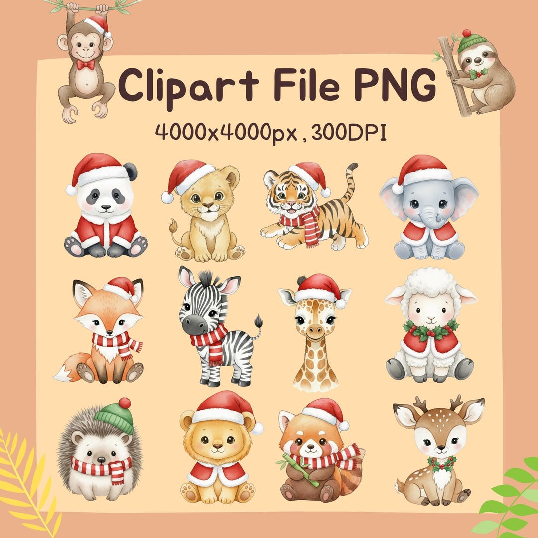 Christmas Animals Clipart: Watercolor Holiday PNG Bundle (digital ...