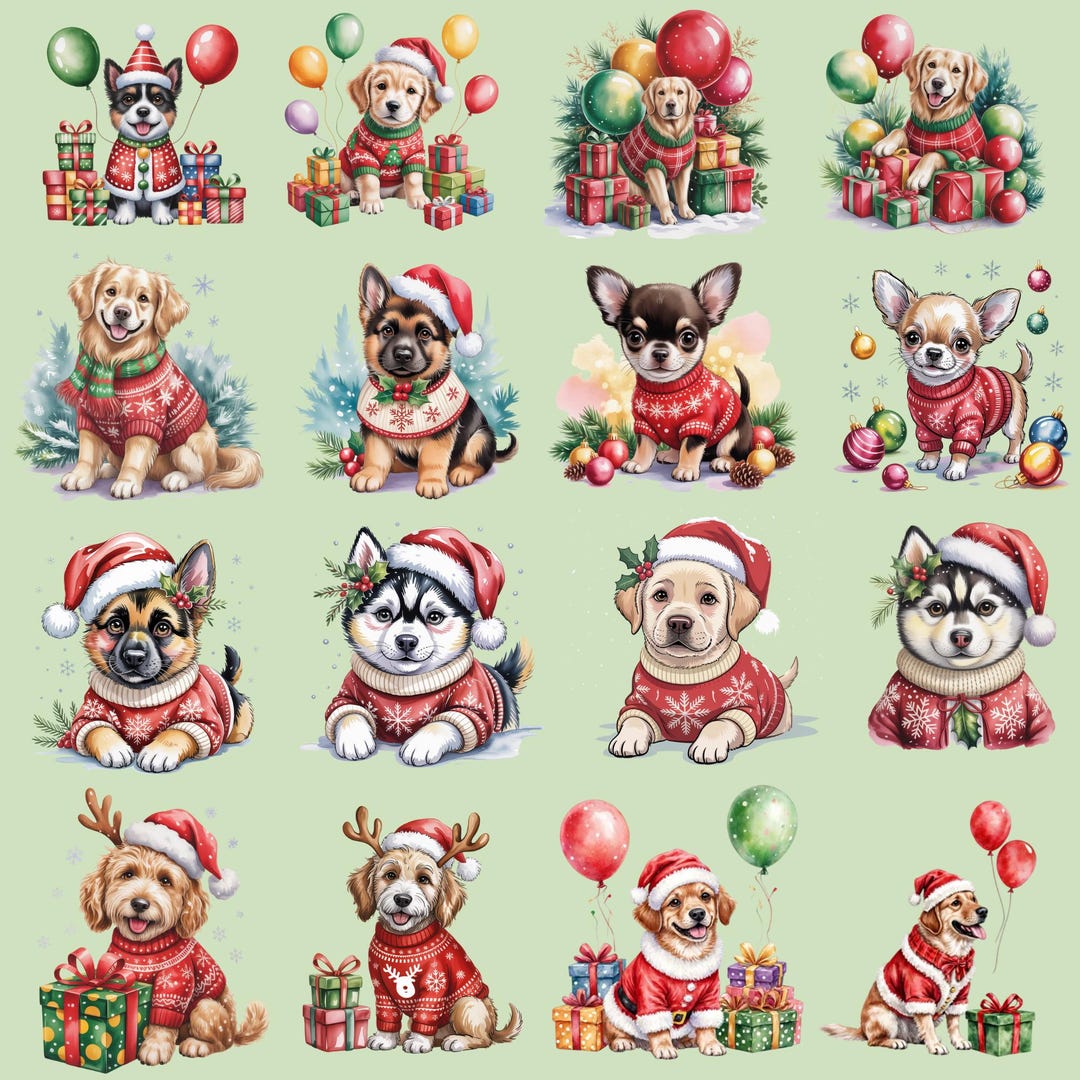 Watercolor Christmas Dogs Clipart: Holiday Puppy PNG (digital Download ...