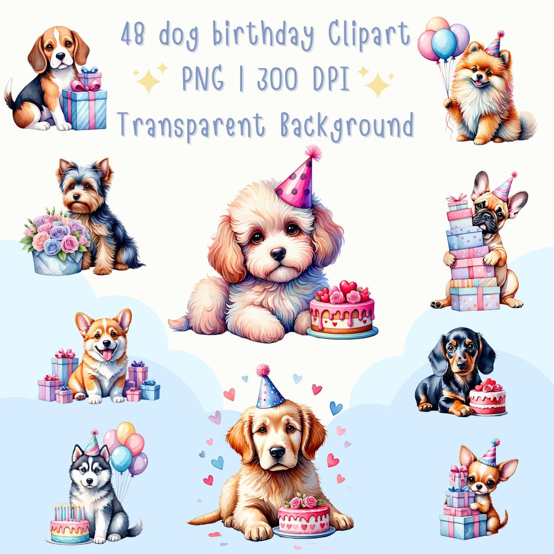 Puppy Birthday Clipart Bundle PNG High Resolution Transparent ...