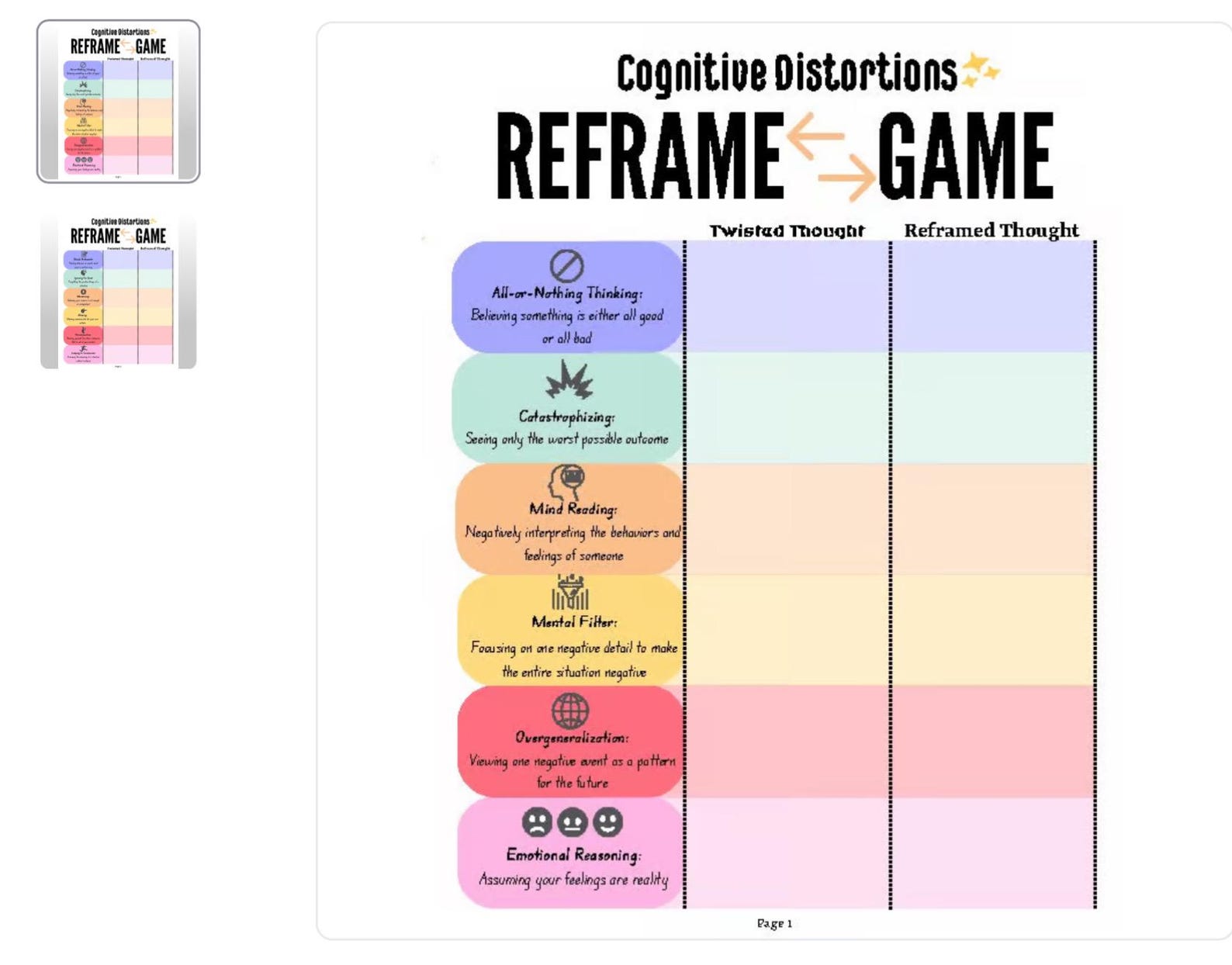 Cognitive Distortions & Negative Thinking - Reframe Game Worksheet ...