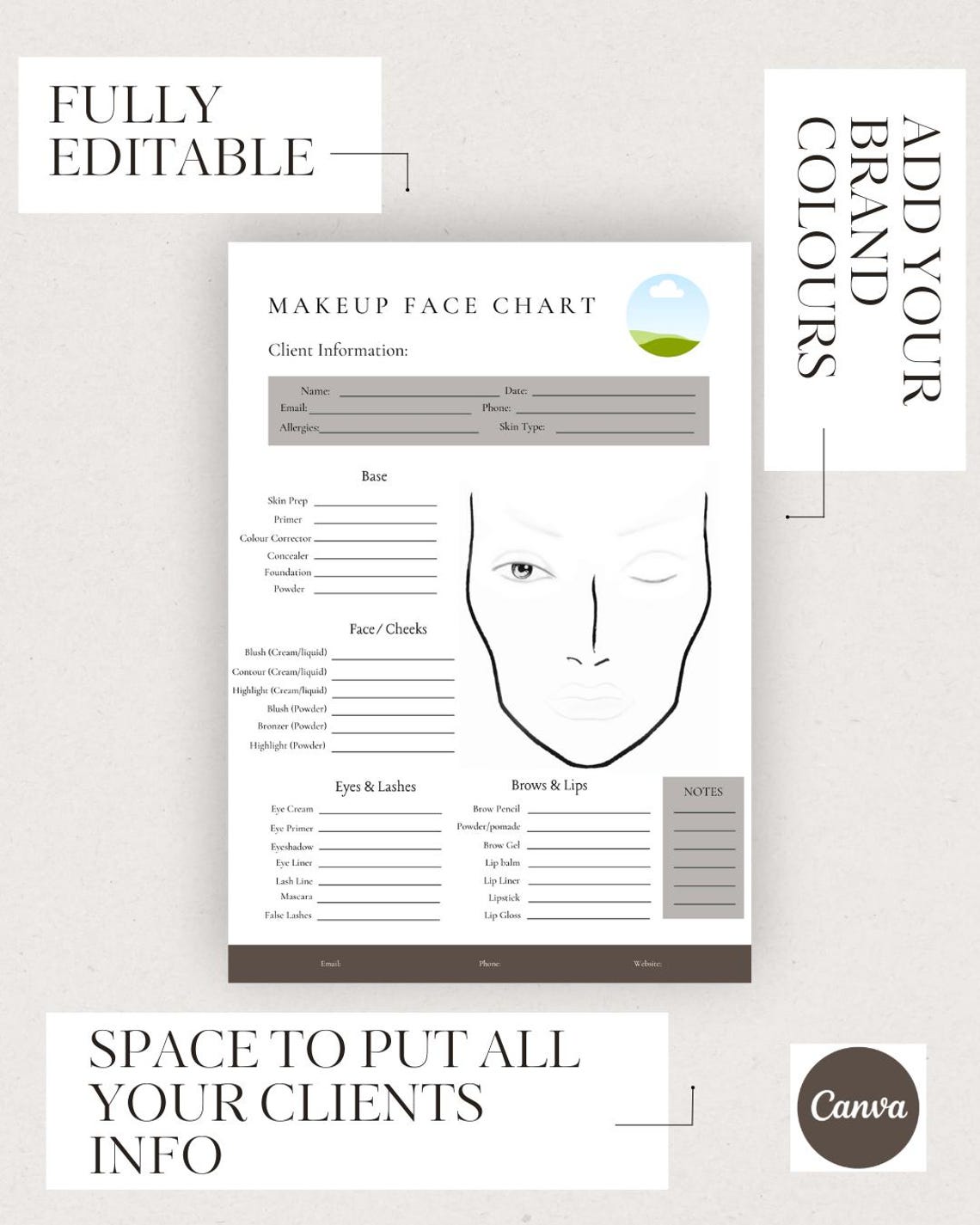 Makeup Artist Face Chart Canva Template (digital Download) - Etsy