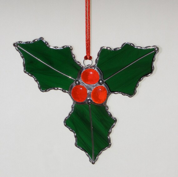 Stained Glass Suncatcher Holly With Berries Christmas Etsy