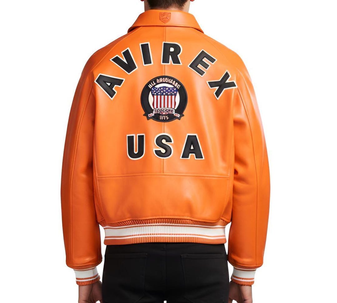 Avirex USA Orange Leather Jacket , All Americans Bomber , Retro Varsity ...