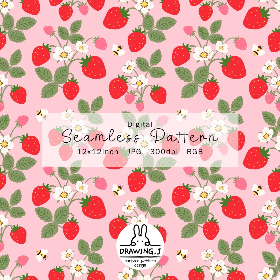 Strawberry Floral Seamless Pattern | Cottagecore Kawaii Digital Paper ...
