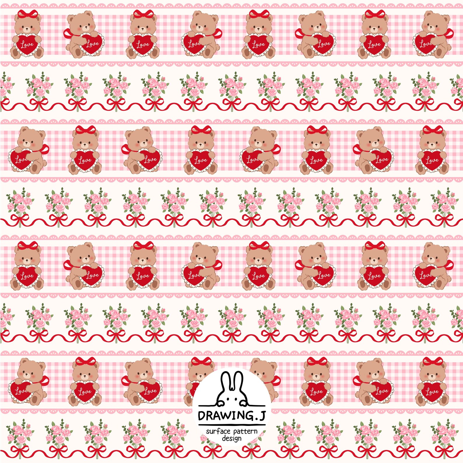 Valentine Teddy Bear Seamless Pattern | Roses & Ribbon (digital ...