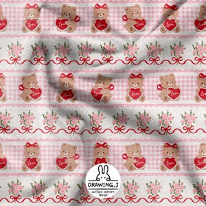 Valentine Teddy Bear Seamless Pattern | Roses & Ribbon (digital ...