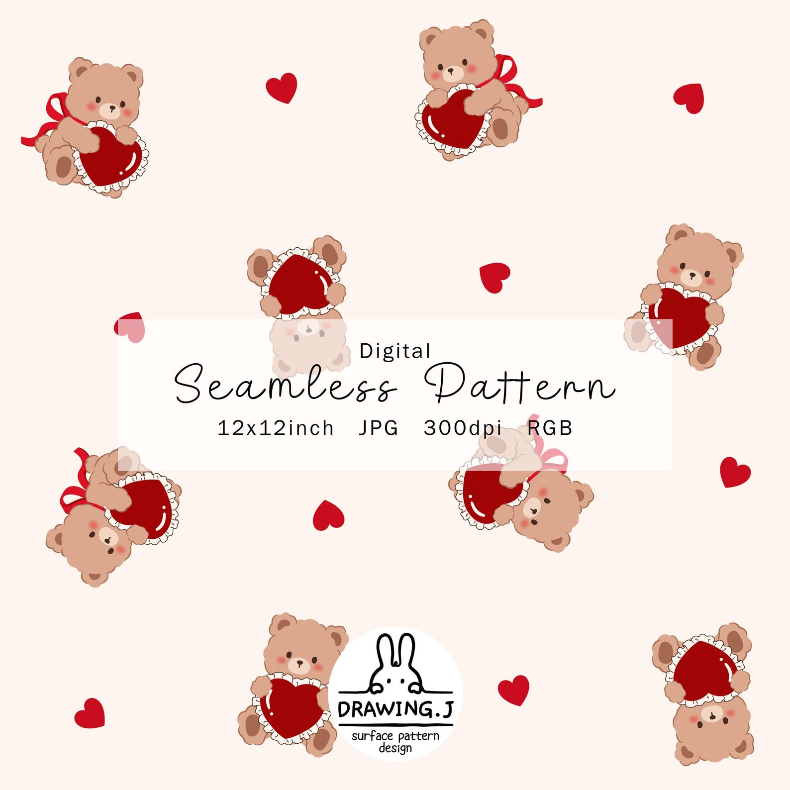 Teddy Bear Heart Seamless Pattern | Valentine Digital Paper | Limited ...