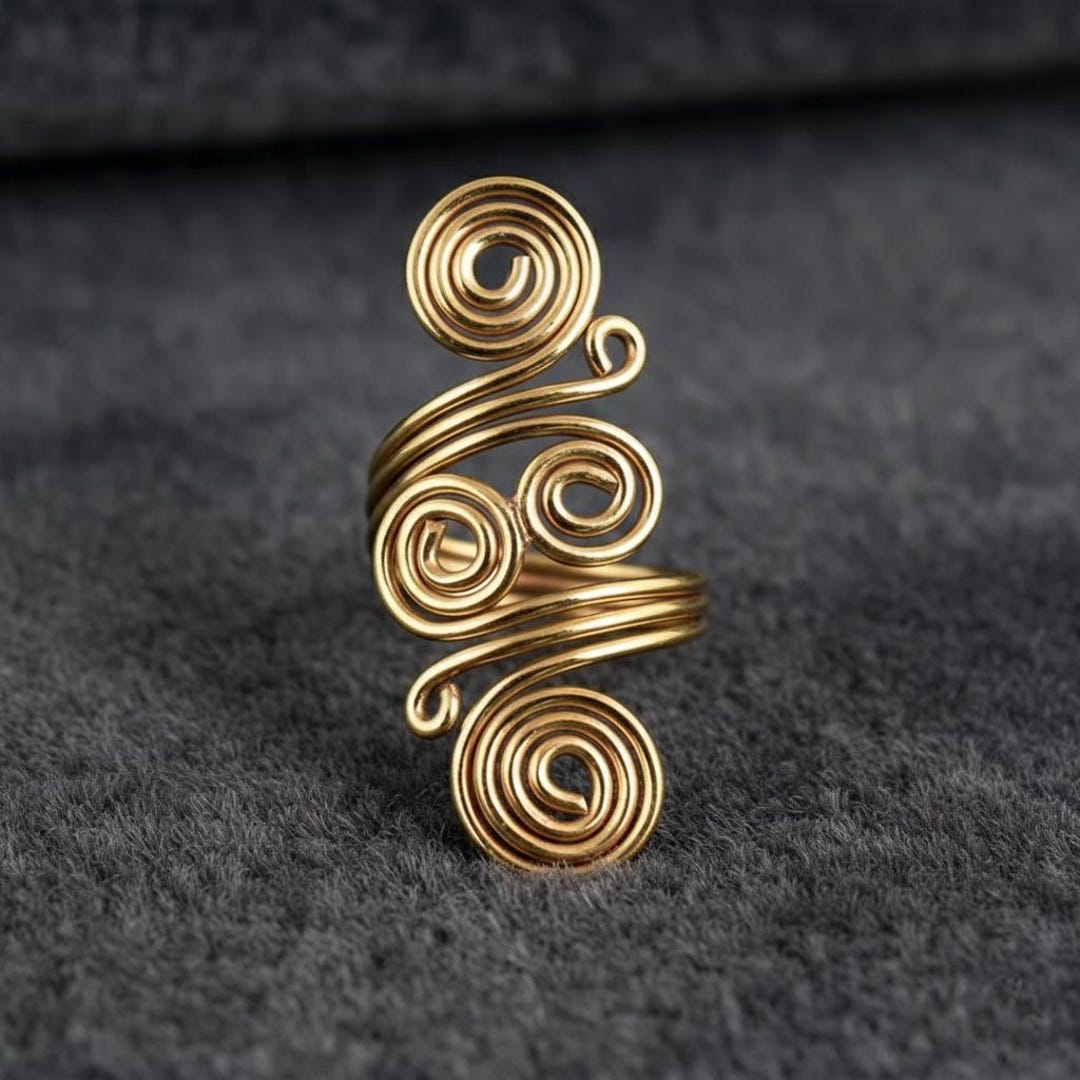 Gold Wire Spiral Ring • Boho Statement Wrap Ring • Adjustable Greek ...