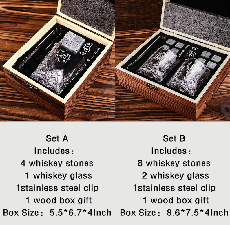 Personalised Whiskey Glass Set With Wooden Box,whiskey Stone,engravable ...